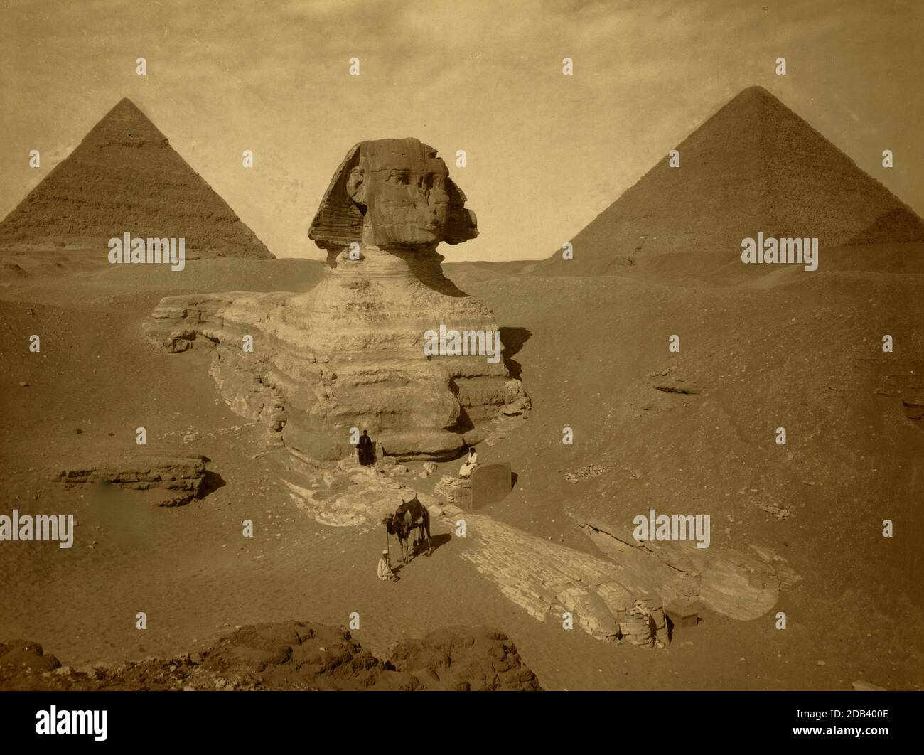 Three men, one with camel, on paw of the Sphinx, two pyramids in ...