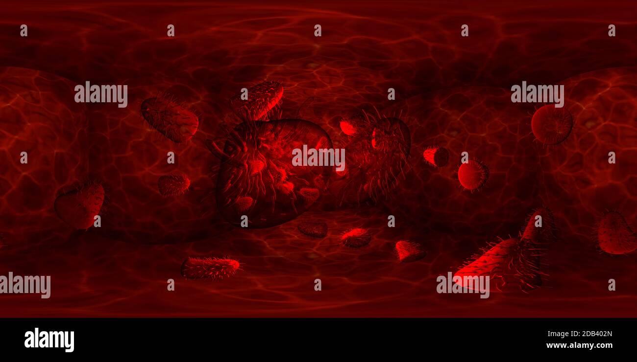 3d rendering Microscope virus- bacteria close up. Equirectangular 360 ...