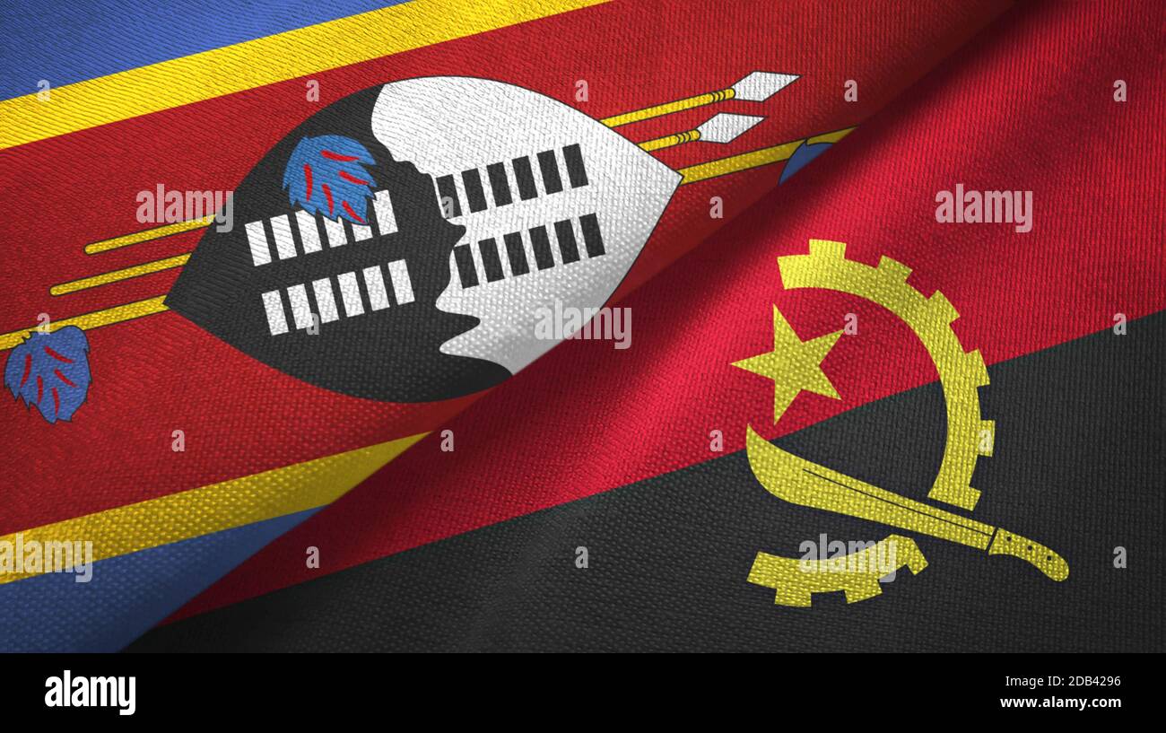 Eswatini Swaziland and Angola two flags textile cloth, fabric texture ...