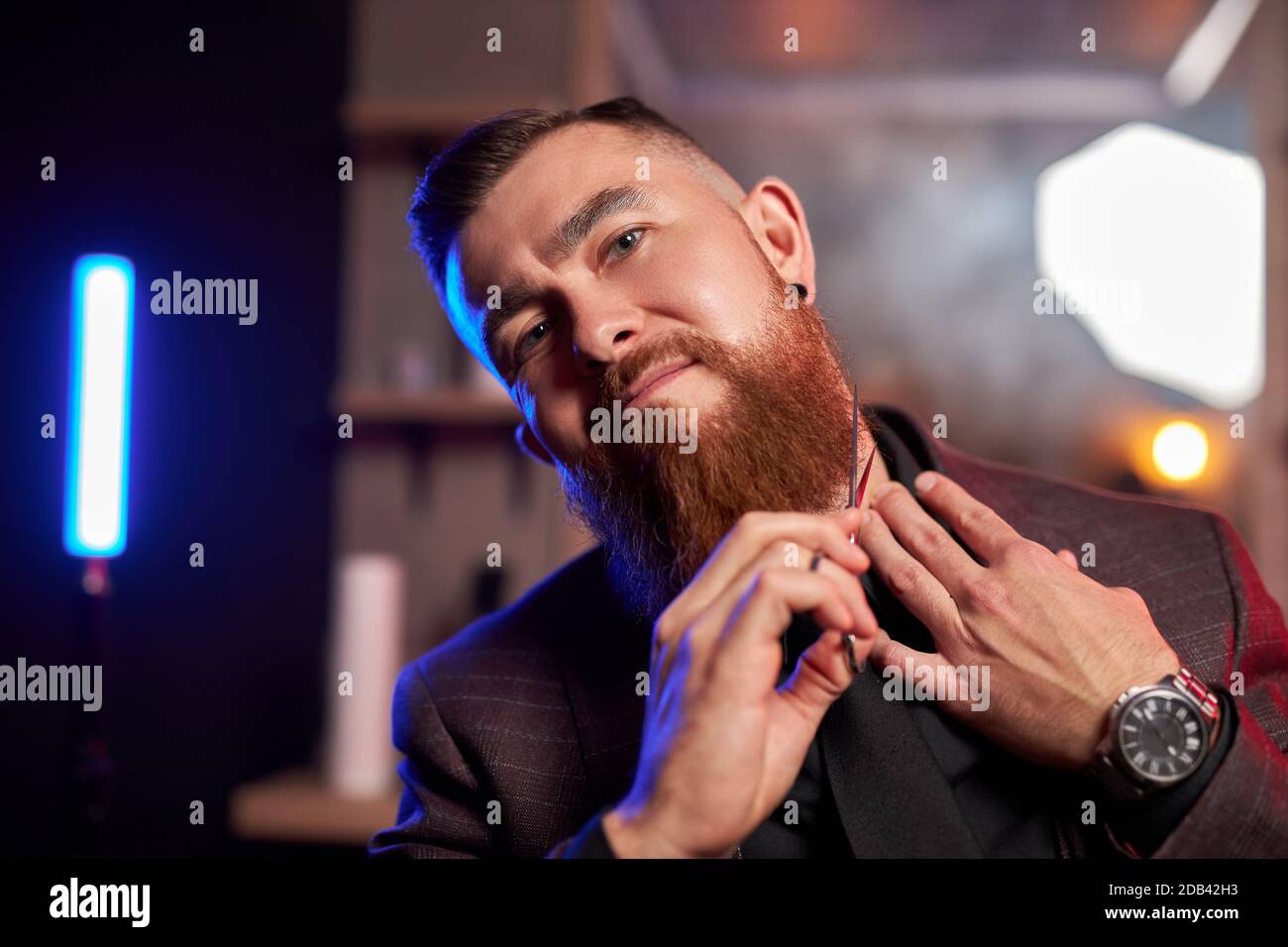 bearded macho man, barber male indoors, confident caucasian barber ...