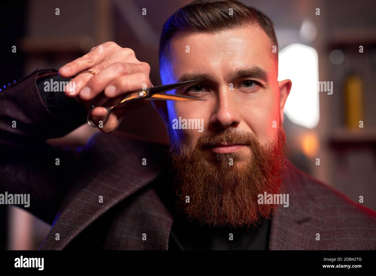 bearded macho man, barber male indoors, confident caucasian barber ...