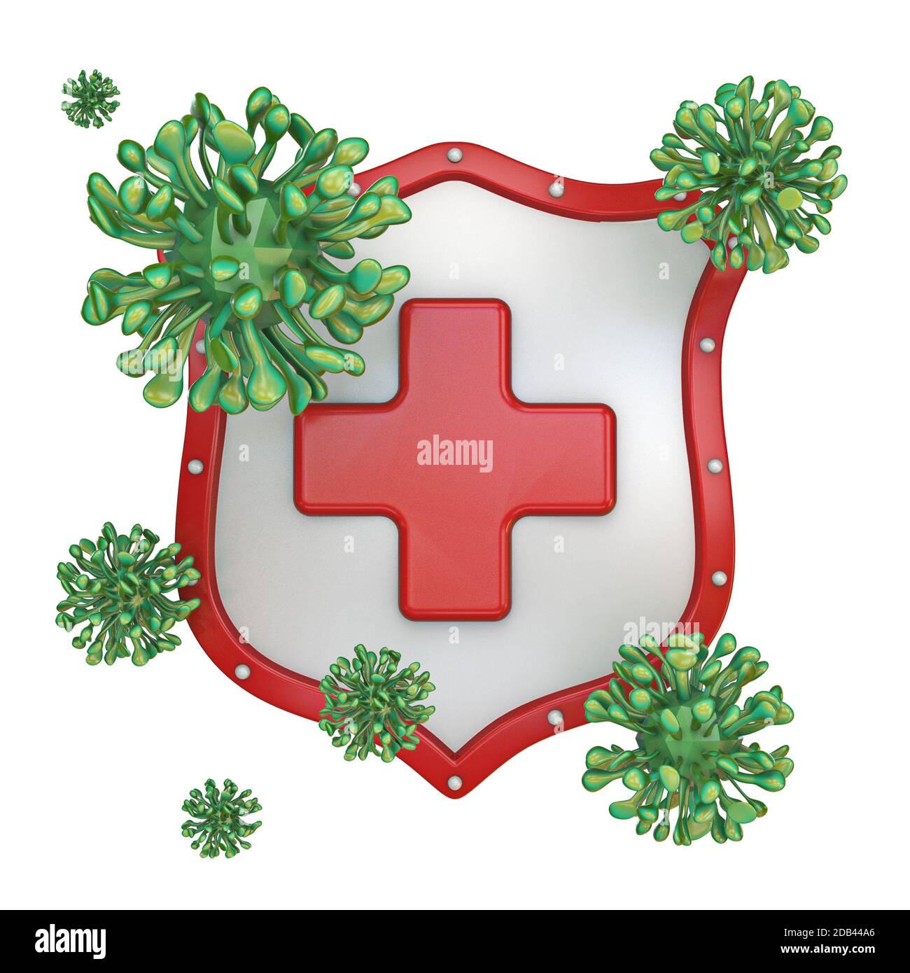 Medicine shield attacked by viruses 3D render illustration isolated on ...