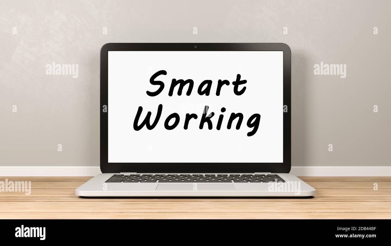 Laptop Computer with Smart Working Text on White Screen in the Room 3D ...