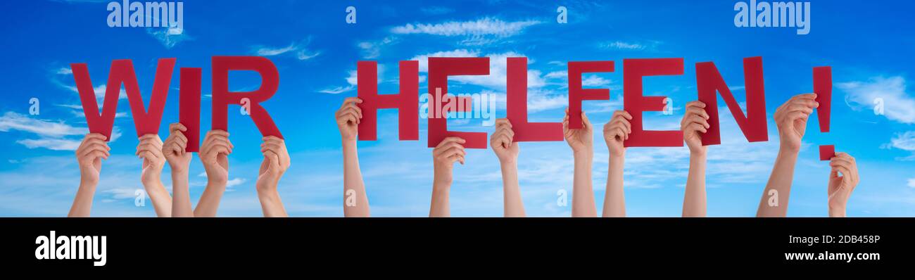 People Hands Holding Colorful German Word Wir Helfen Means We Help ...