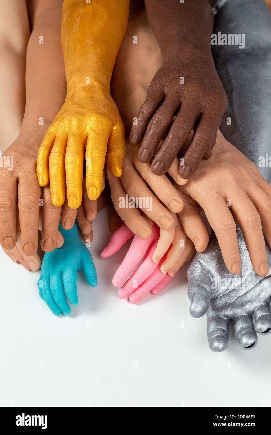 Silicone prosthetic hands of different colors and sizes, medicine briht ...