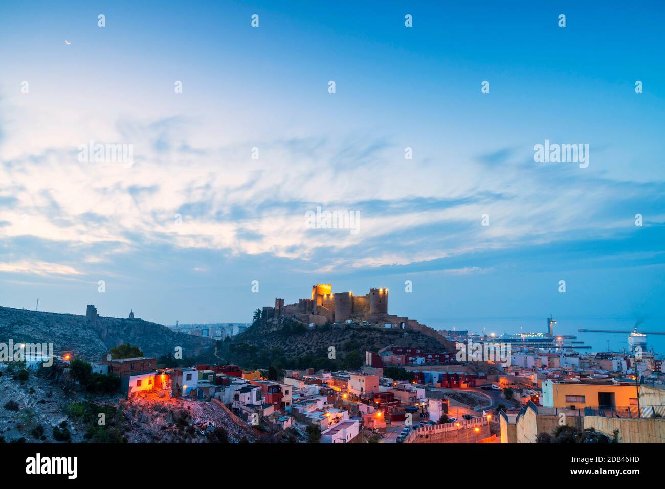 Alcazaba Moorish castle and fortress on hilltop overlooking the harbor ...
