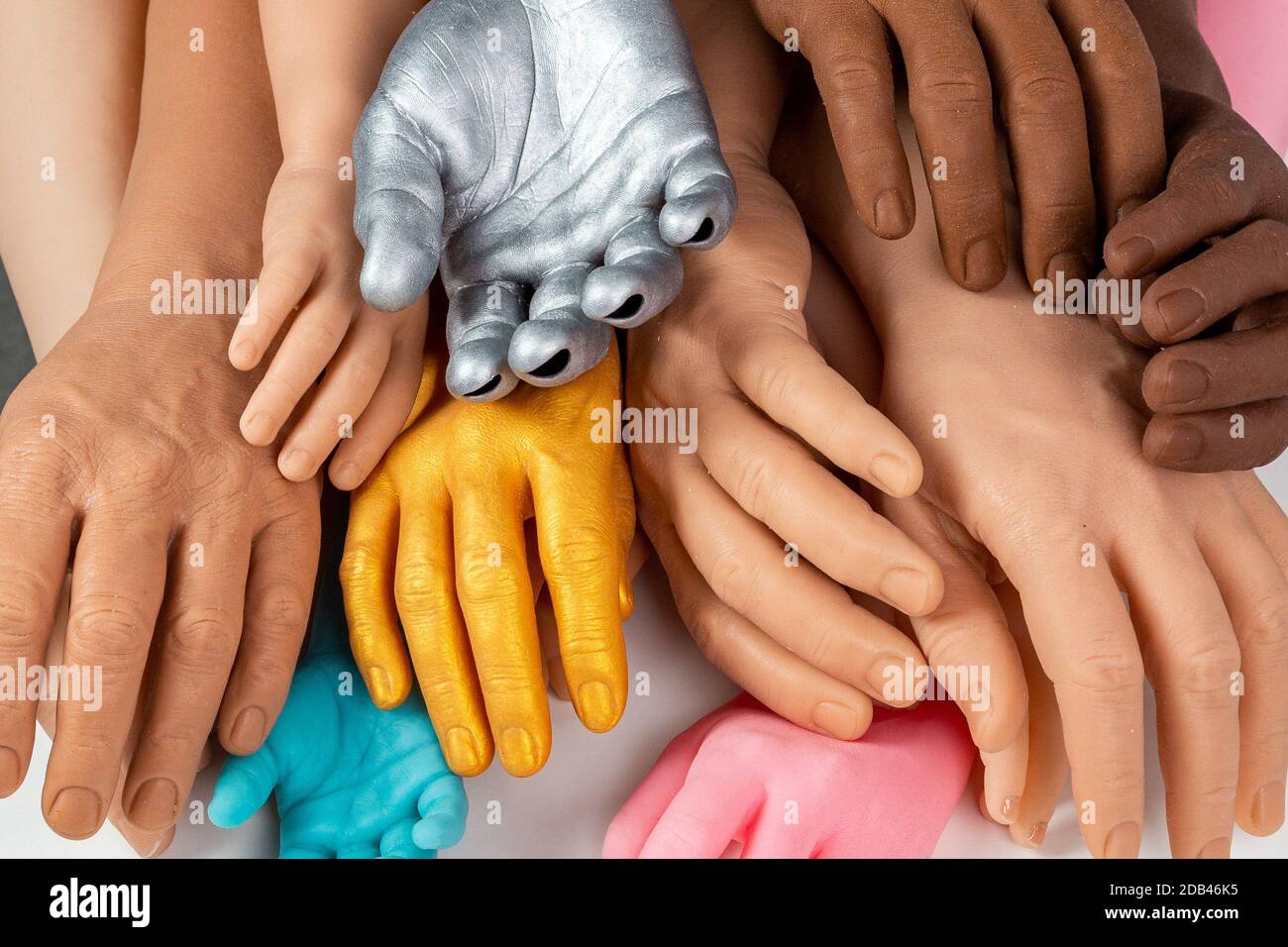 Silicone prosthetic hands of different colors and sizes, medicine briht ...
