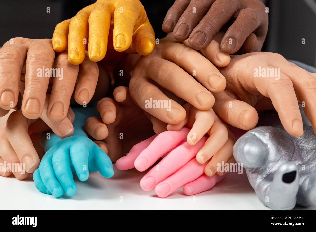 Silicone prosthetic hands of different colors and sizes, medicine briht ...