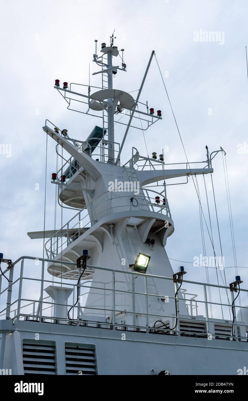 Navigation and radar equipment and antenna on the mast of cruise ship ...