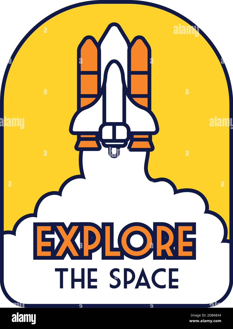 space badge with spaceship flying and explore the space lettering line ...
