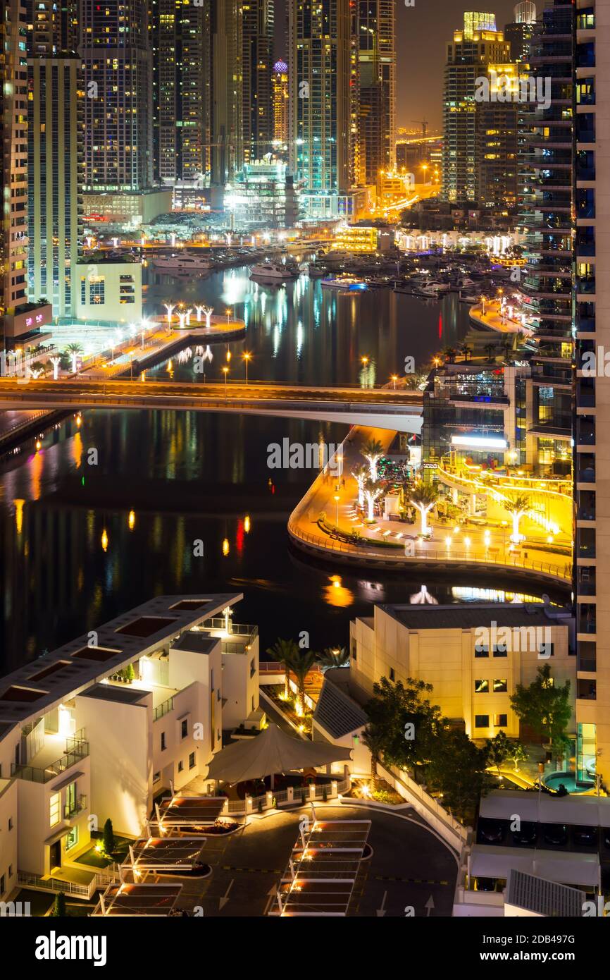 Dubai, UAE - January 24, 2016: Dubai downtown night panorama with city ...