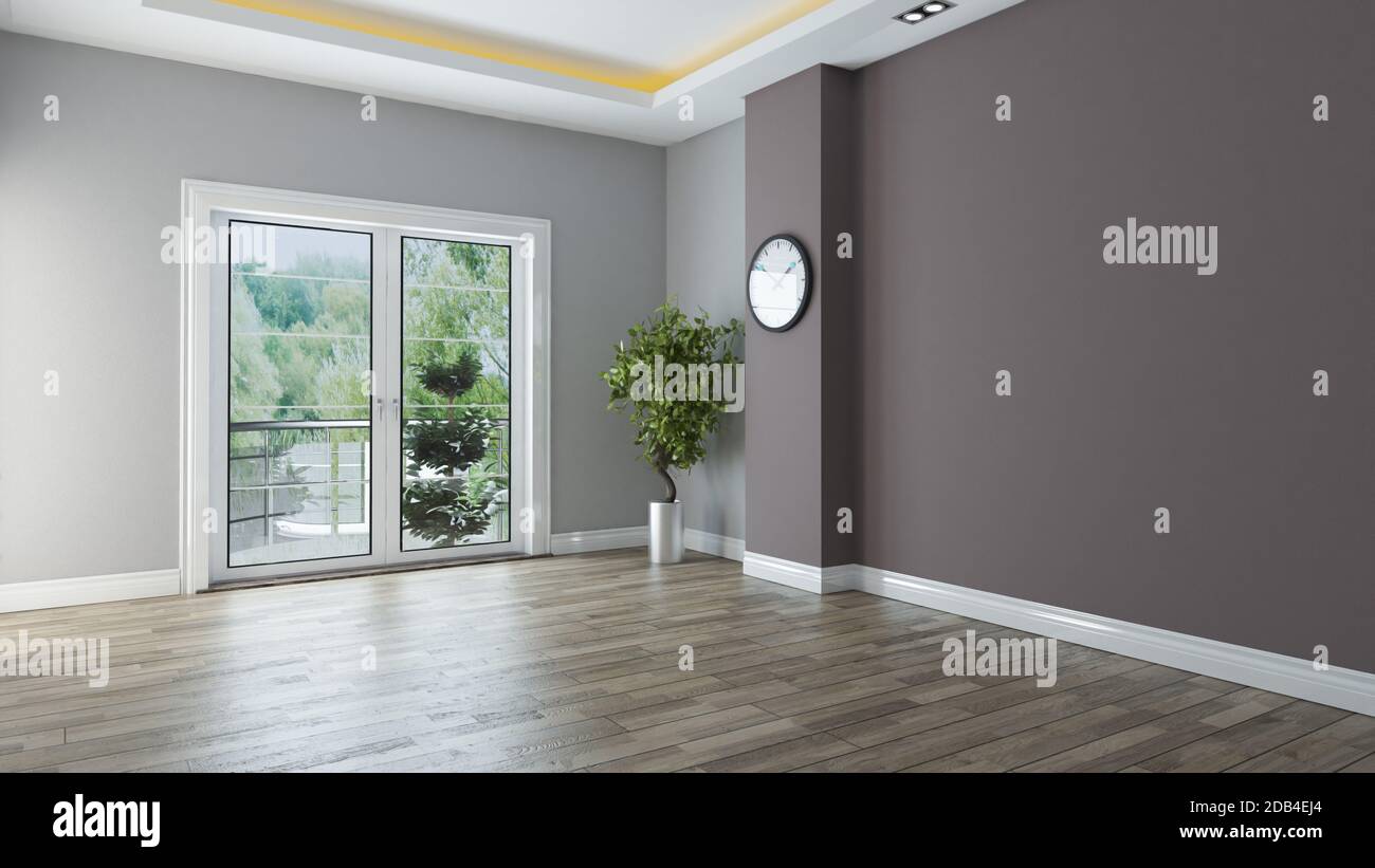 two color wall empty room interior design with wooden floor and watch ...