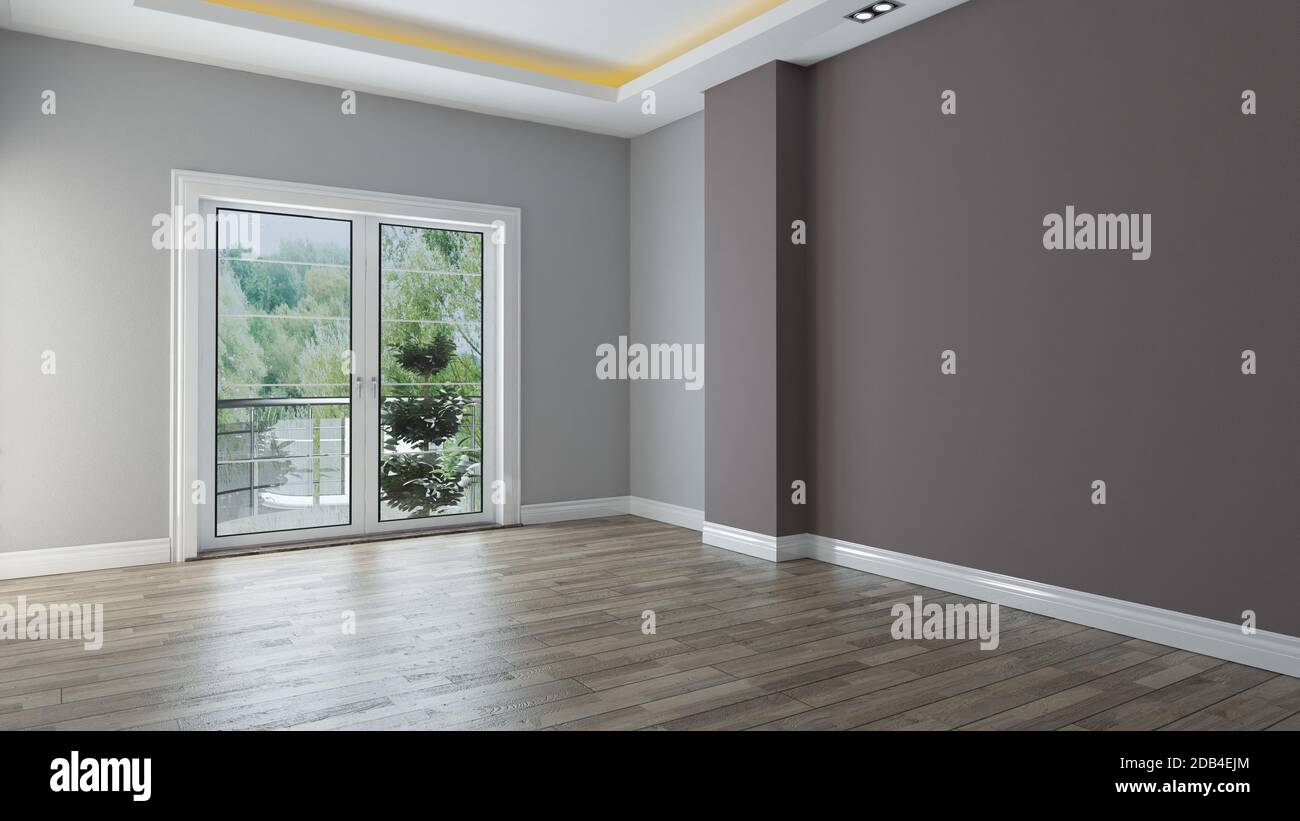 two color wall empty room interior design with wooden floor 3d ...