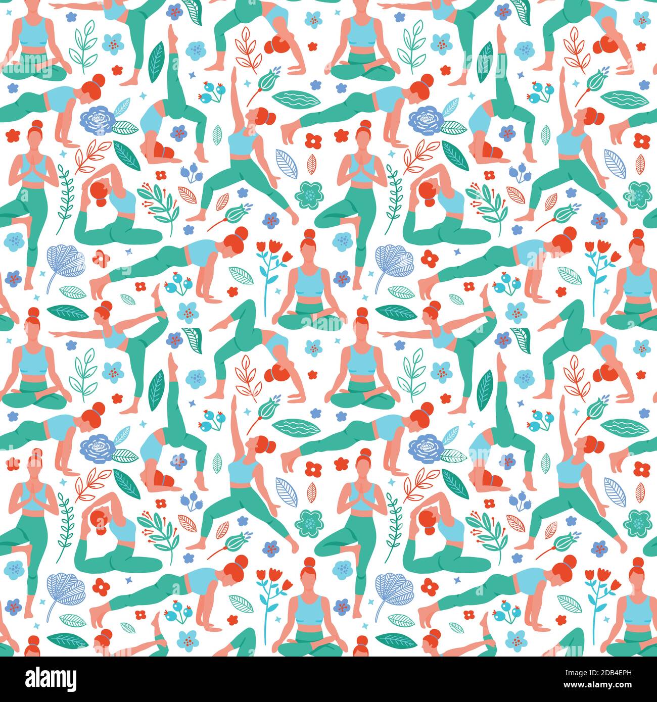 Women exercising yoga flat color trend vector seamless pattern. Do yoga ...