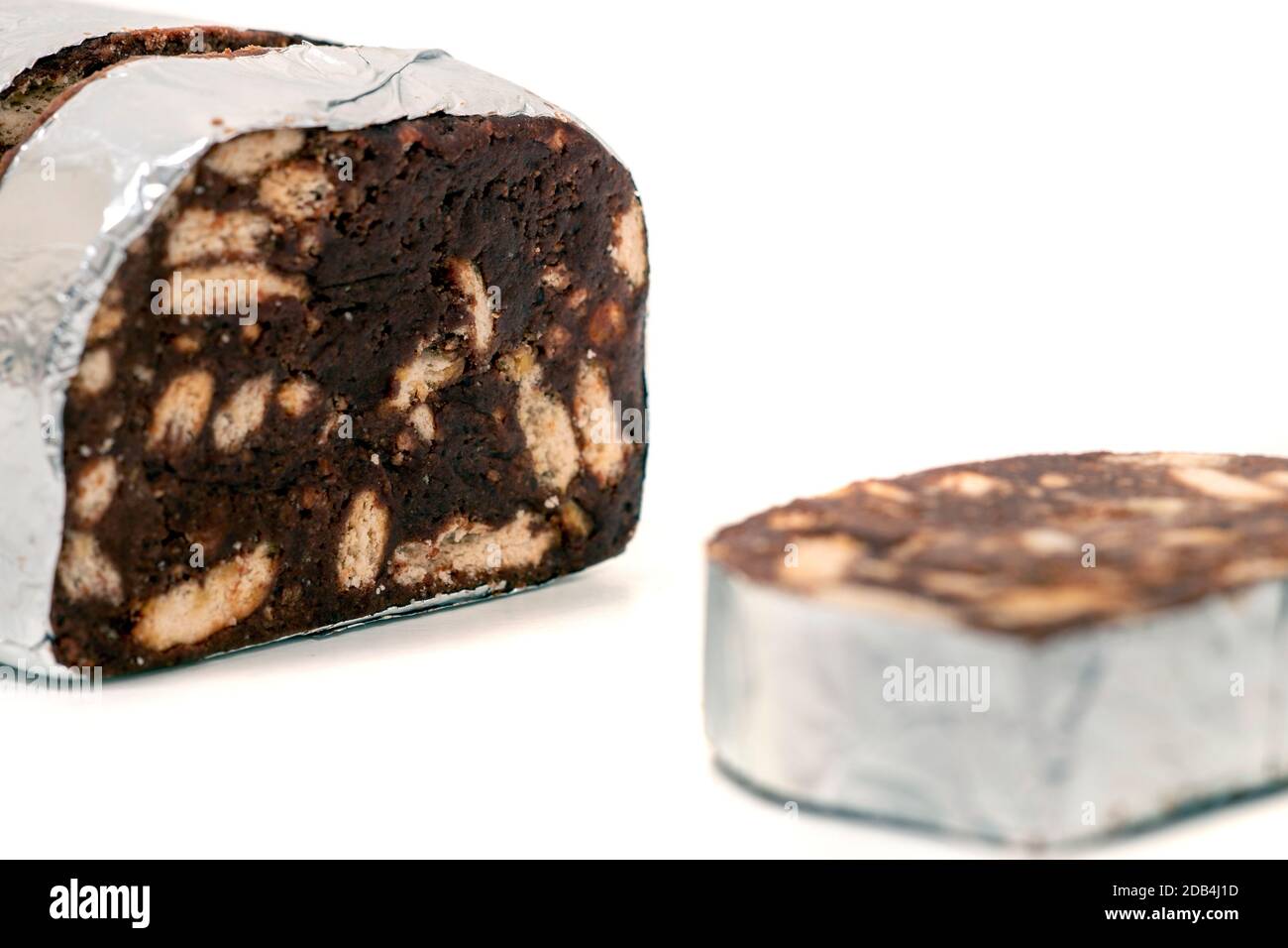 Traditional portuguese sweet chocolate salame isolated on a white ...