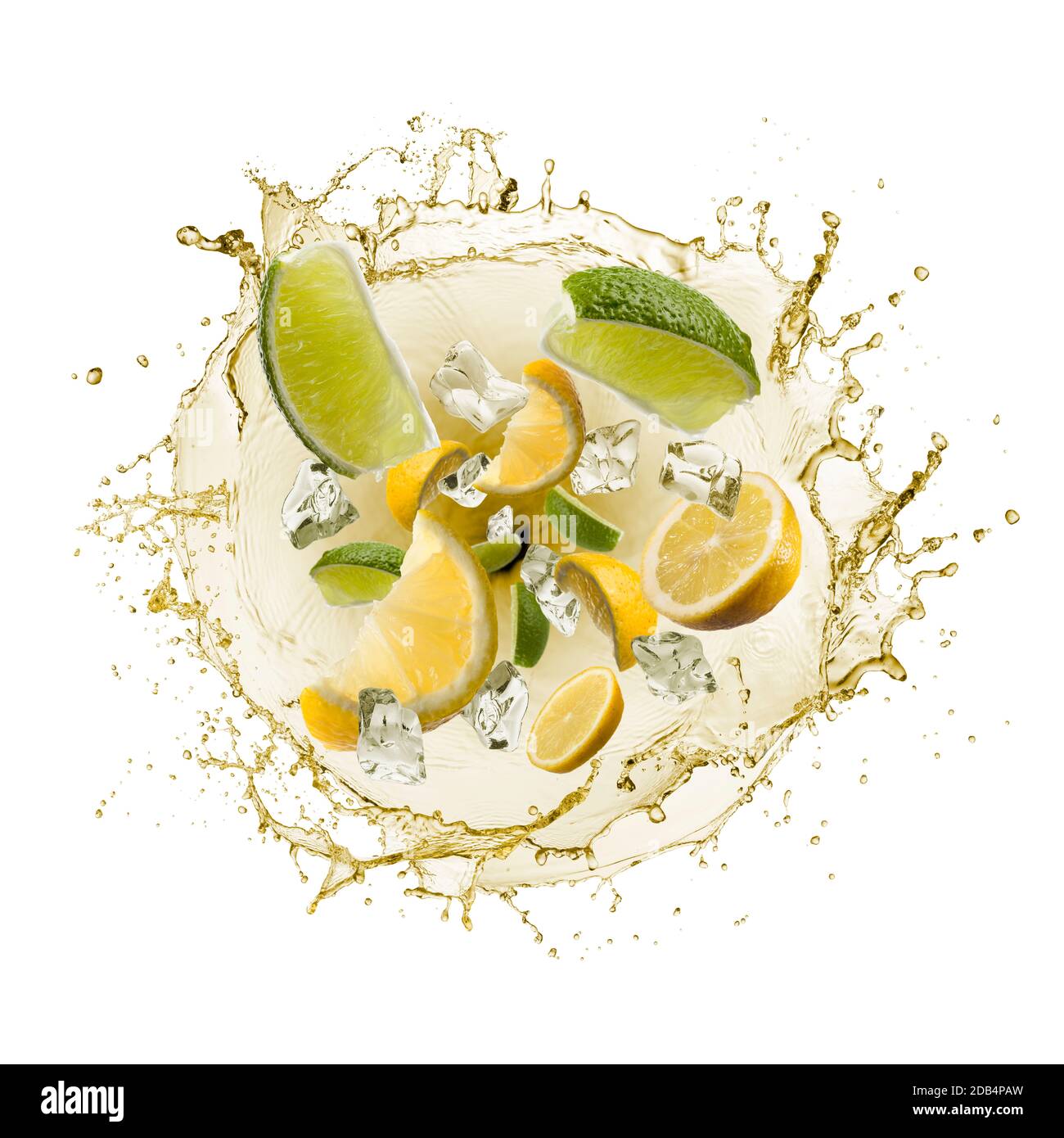 wave of splashing lemon juice with lemon slices and ice cube, isolated on white Stock Photo - Alamy