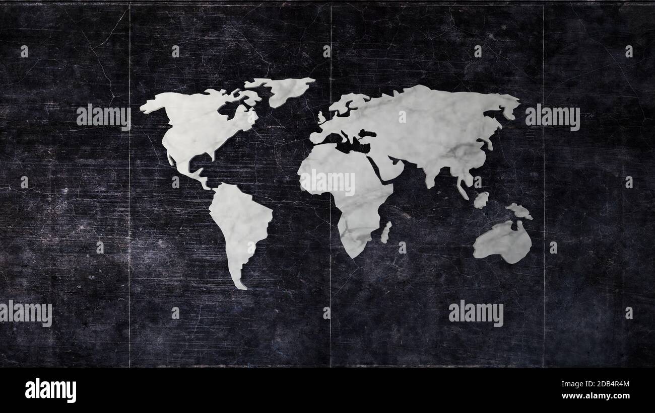 White marble world map on dark dirty concrete wall 3D rendering Stock ...
