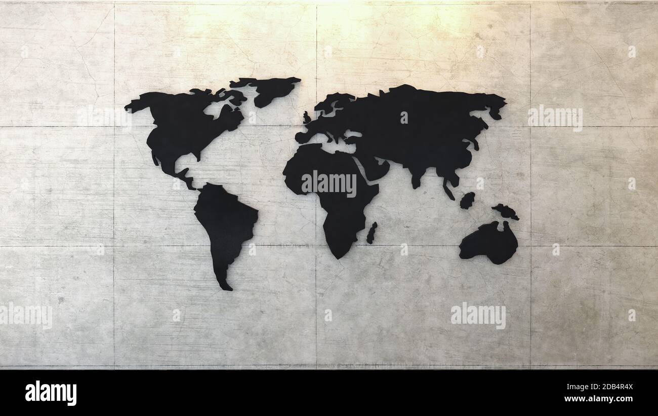 world map on concrete wall under spot light 3D rendering Stock Photo ...