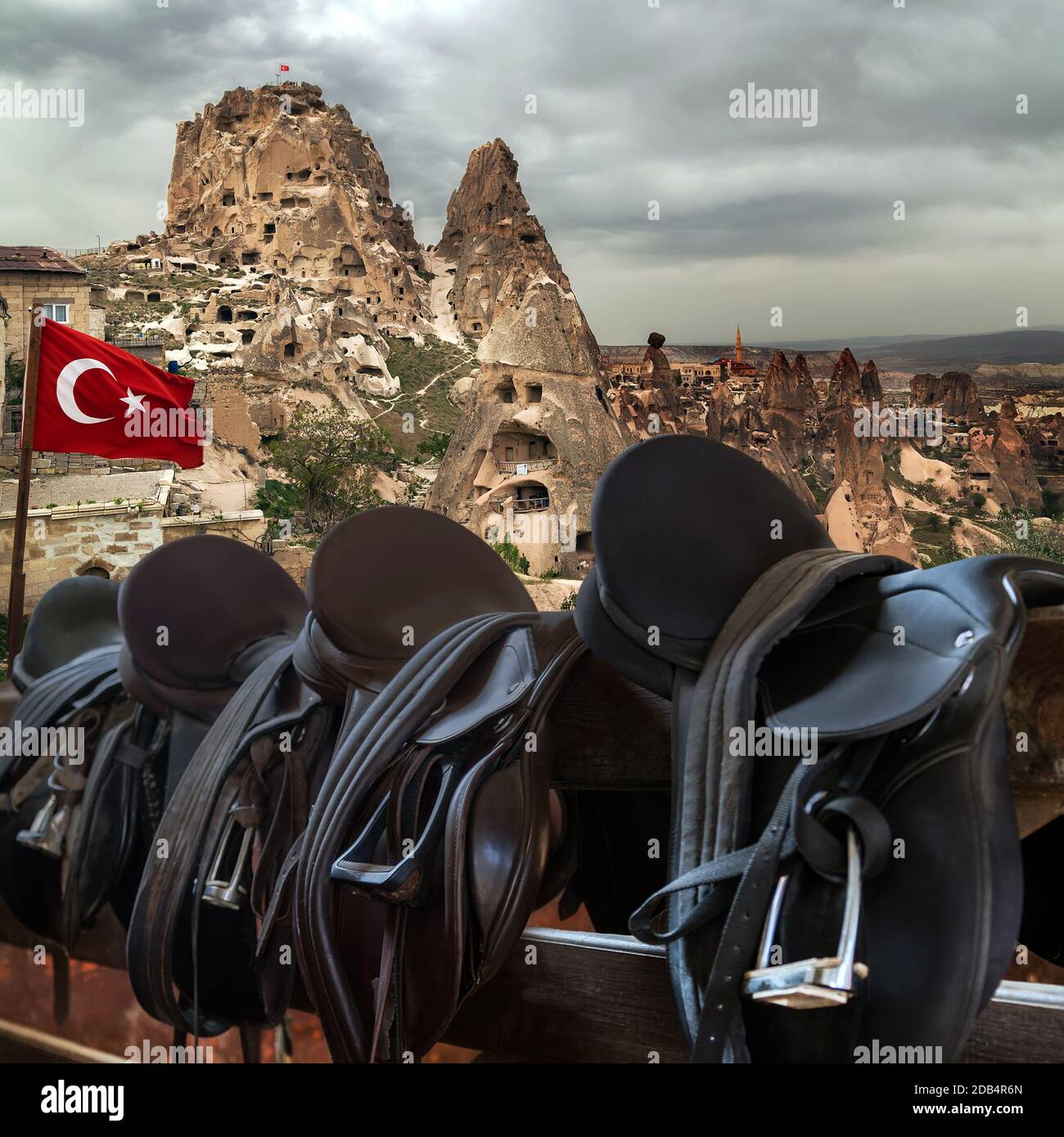 Cappadocia, flag Turkey. Rider Leather Saddles equestrian with stirrups ...