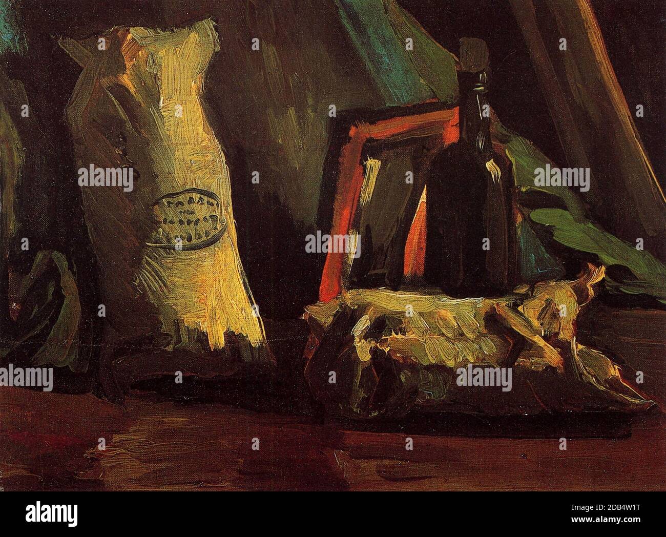 Still Life with Two Sacks and a Bottle Stock Photo - Alamy