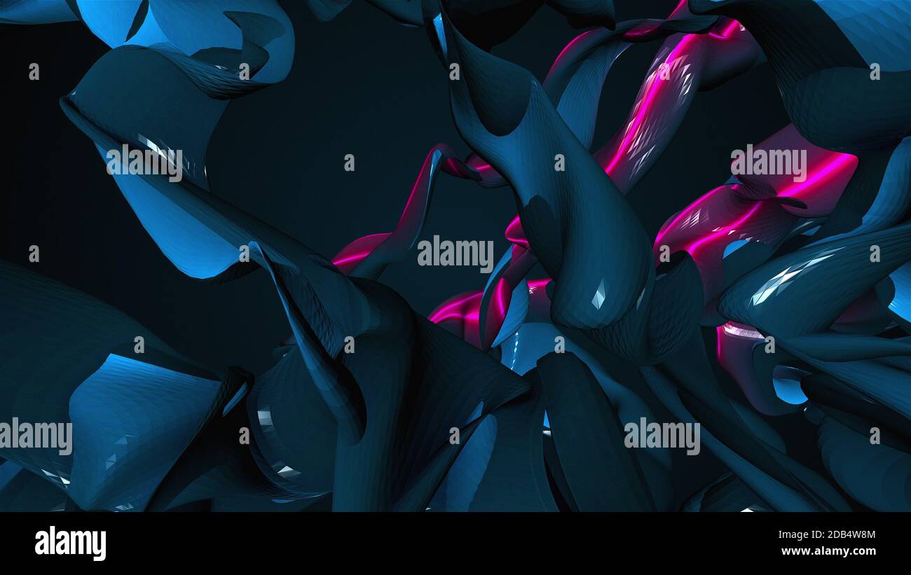 Volume amorphous shapes with neon strips, computer generated. 3d render ...