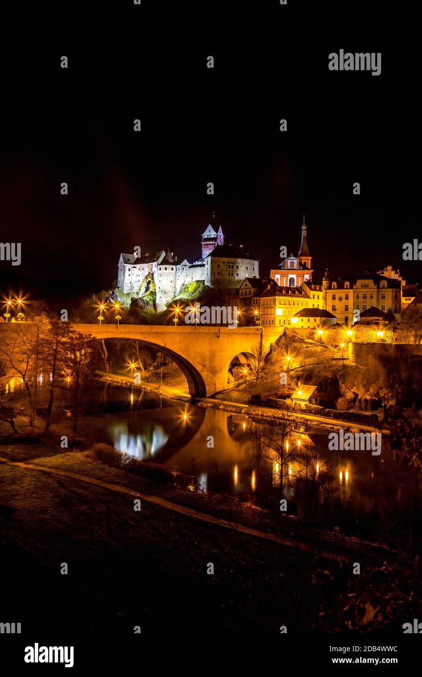 night view on a town Loket and Loket Castle (Hrad Loket, Burg Elbogen ...