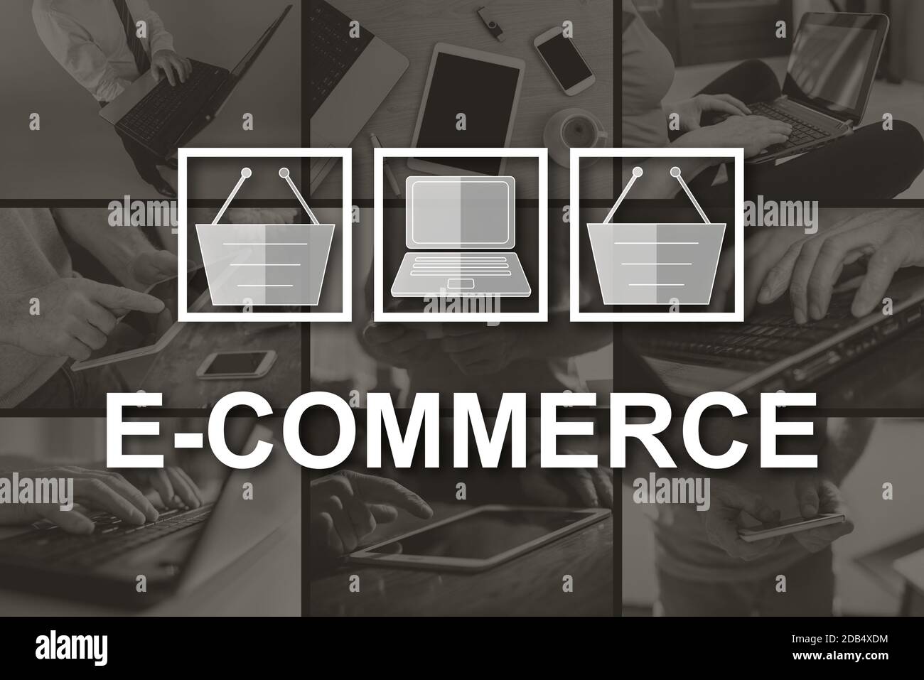 E-commerce concept illustrated by pictures on background Stock Photo ...