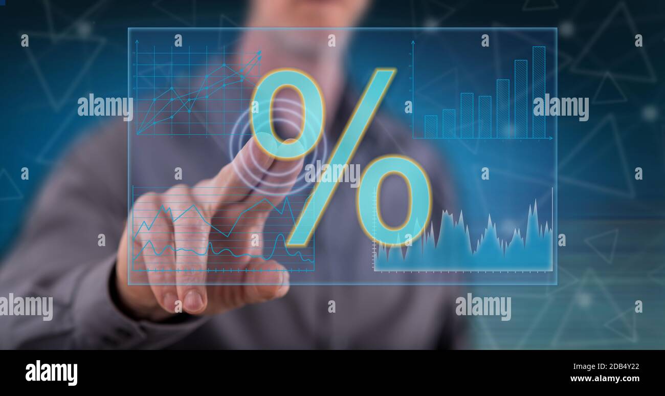 Man touching digital interest rates data on a touch screen with his ...