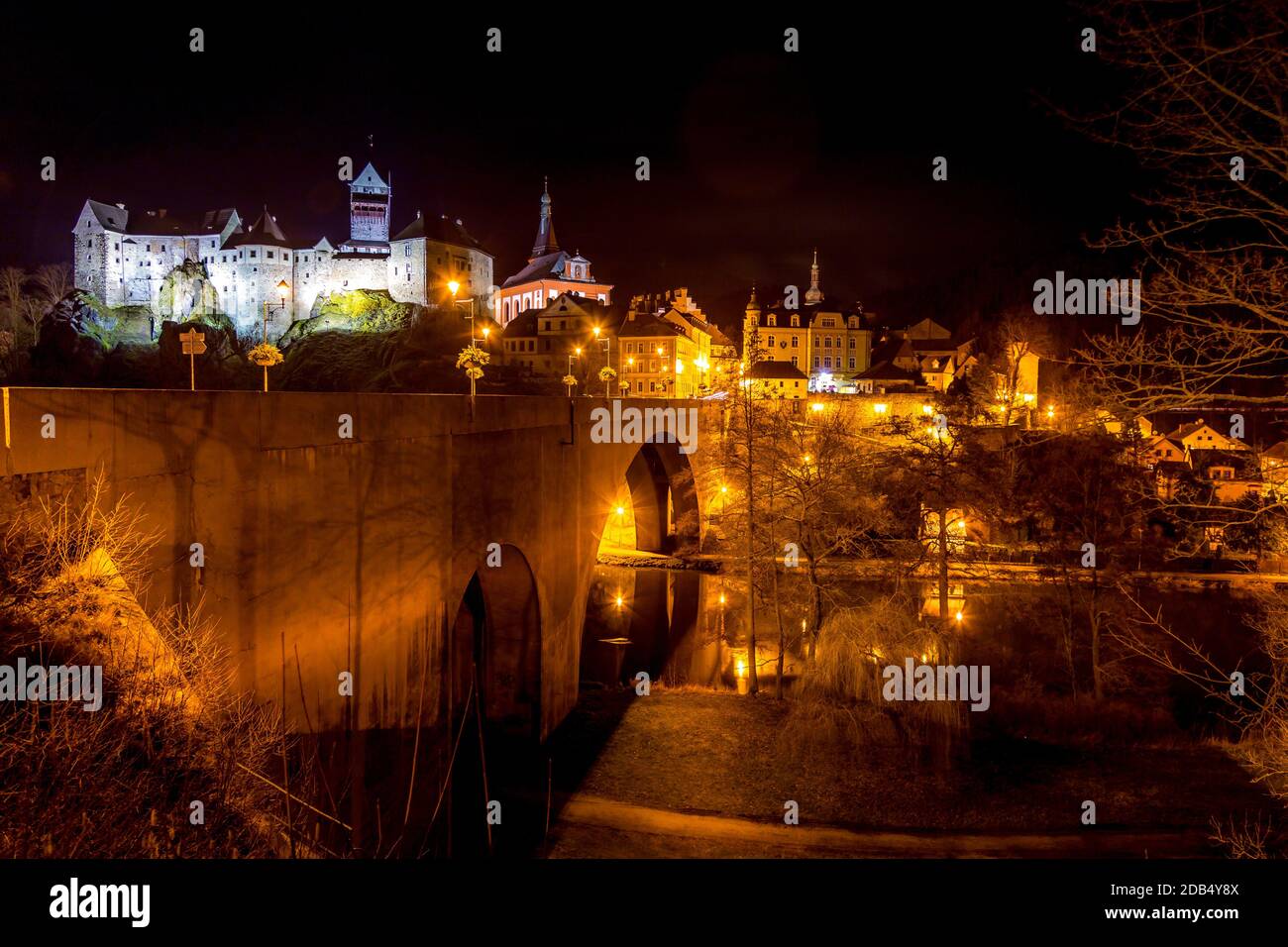 night view on a town Loket and Loket Castle (Hrad Loket, Burg Elbogen ...