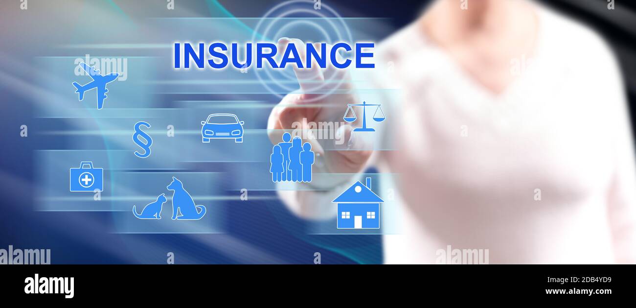 Woman touching an insurance concept on a touch screen with her fingers ...