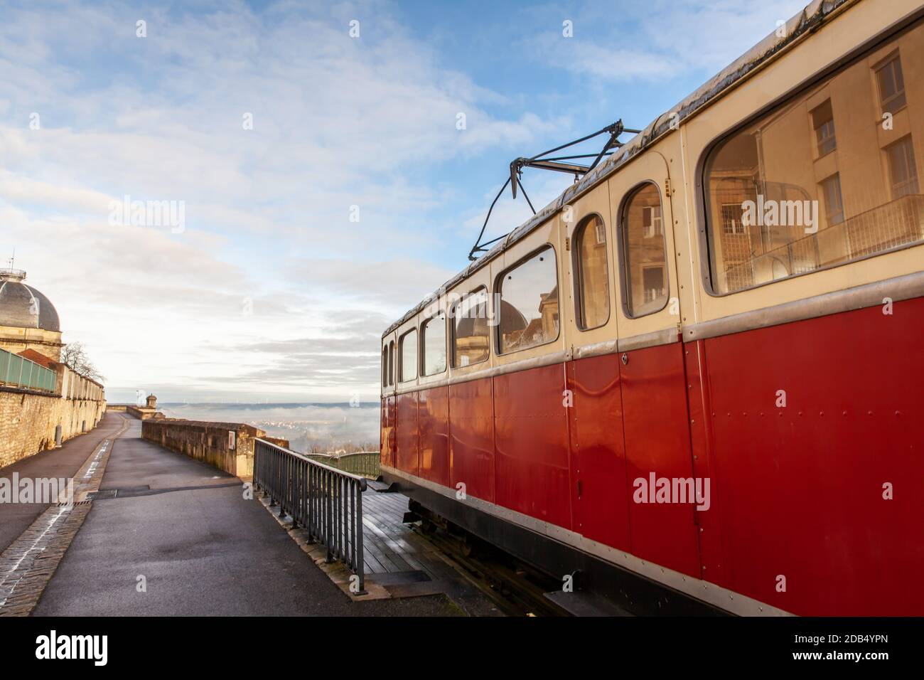 Historic cogwheel car on the Jules Hervé promenade on the city wall ...