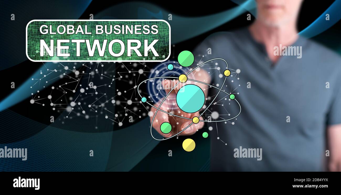 Man touching a global business network concept on a touch screen with ...