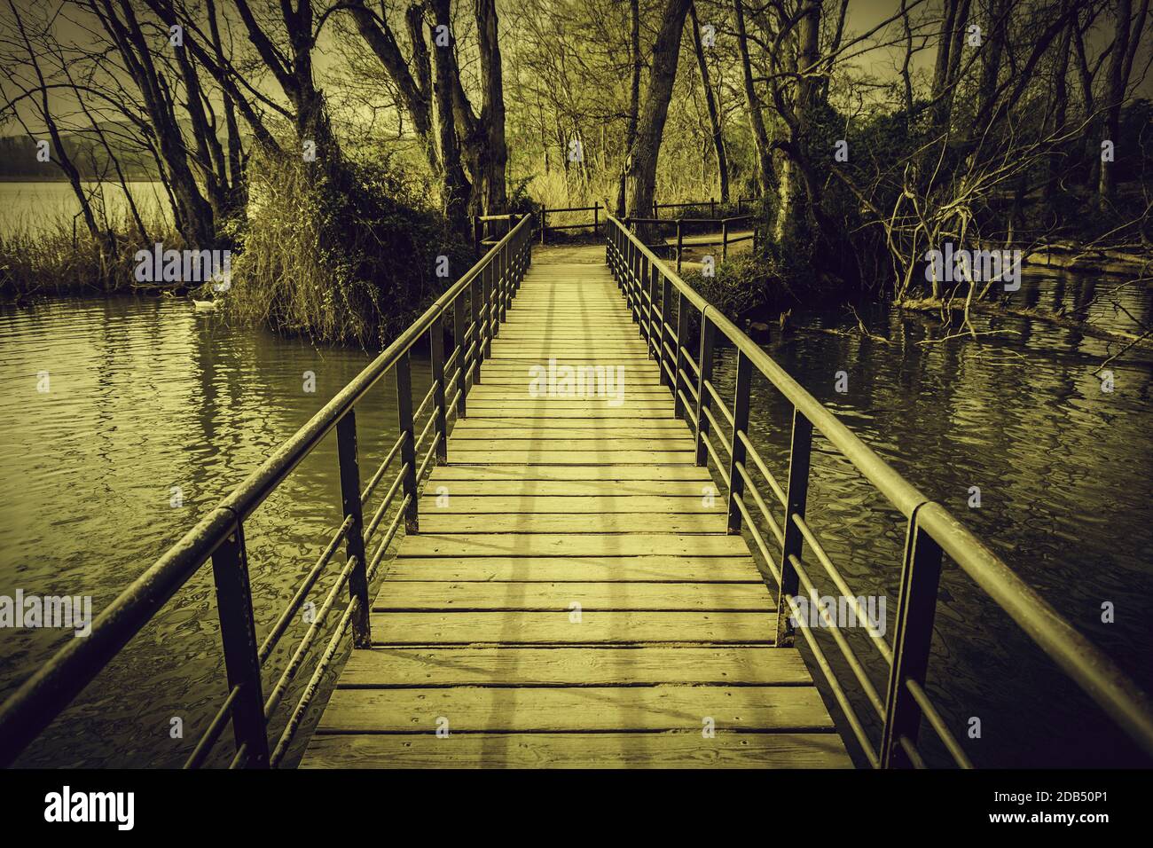 Old wooden bridge in a lake, detail of an old footbridge Stock Photo ...