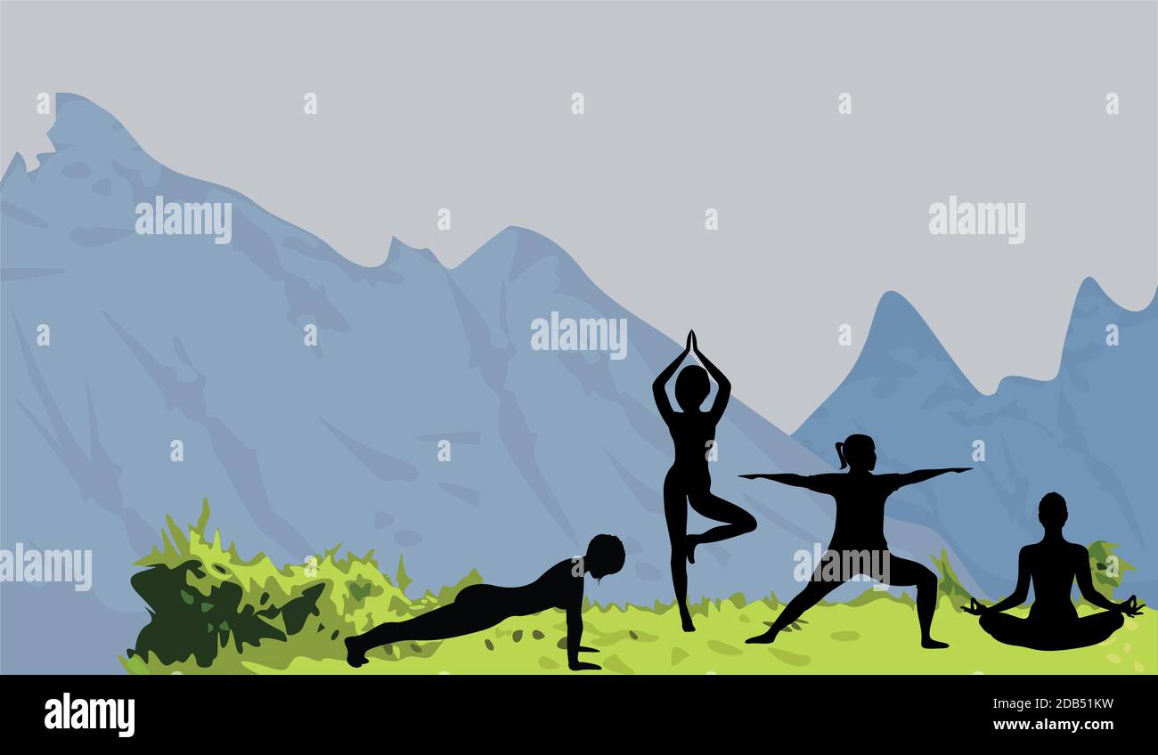 Women silhouettes doing yoga exercises in a nature vector illustration ...
