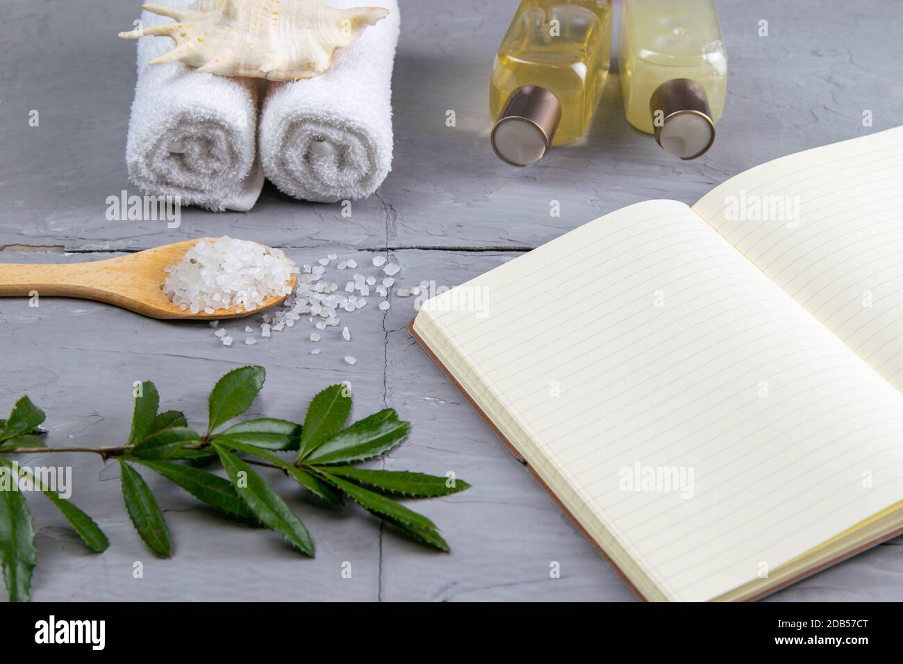 Spa with natural olive soap and sea salt and an open notebook for ...