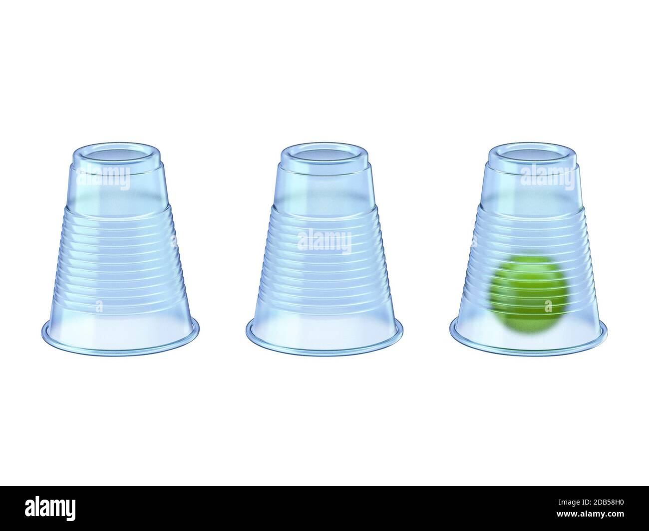 Shell Game three transparent cups and green ball 3D render illustration ...