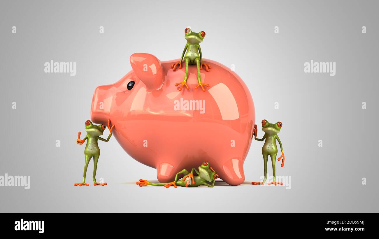 3D Illustration of green frogs next to a piggy bank Stock Photo - Alamy