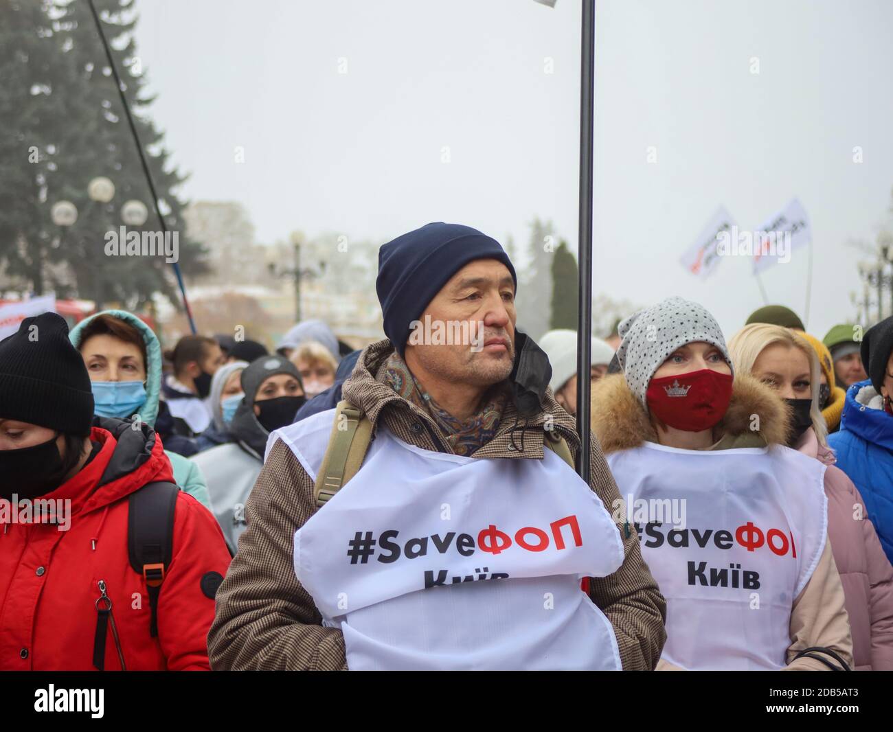 Middle aged man protester holds protest political banner in hand at ...