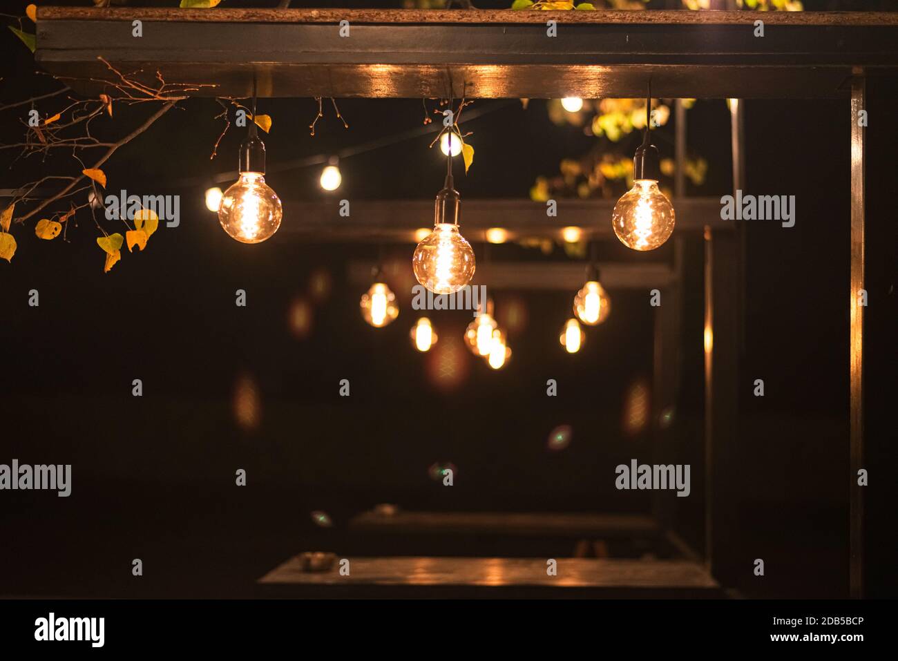 Many electric incandescent light bulb lamps at night above the tables ...