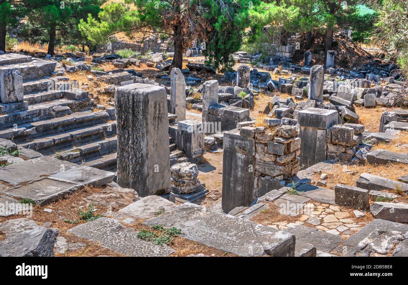 Ruins of the Ancient greek city of Priene in Turkey on a sunny summer ...