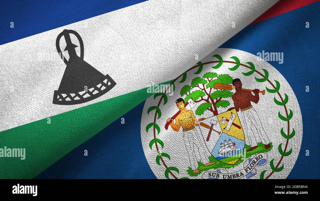 Lesotho and Belize two flags textile cloth, fabric texture Stock Photo ...