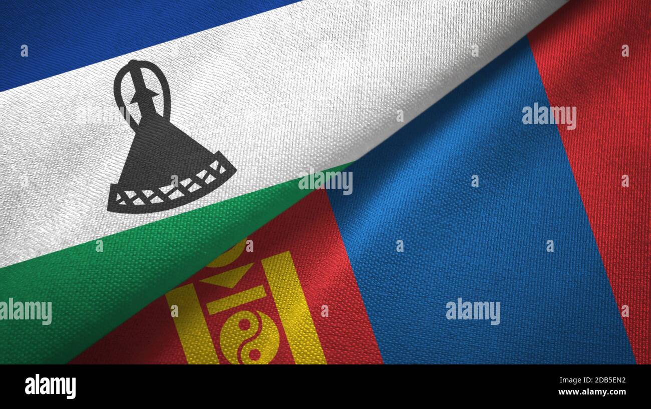 Lesotho and Mongolia two flags textile cloth, fabric texture Stock ...