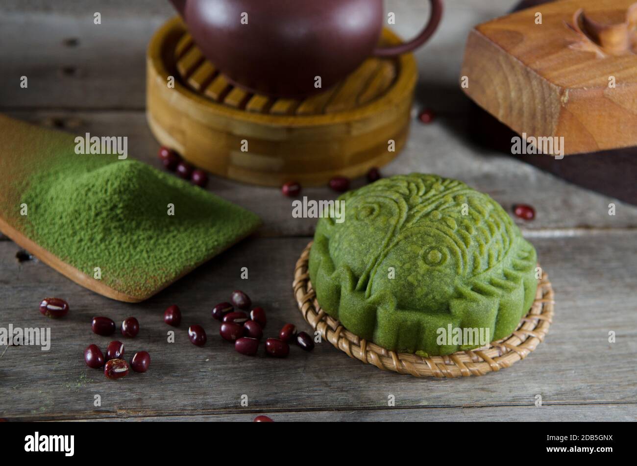 Red Bean Green tea Mooncake ,Chinese mid autumn festival food Stock ...