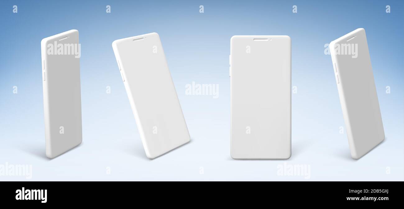 White mobile phone in front and perspective view. Vector realistic clay ...
