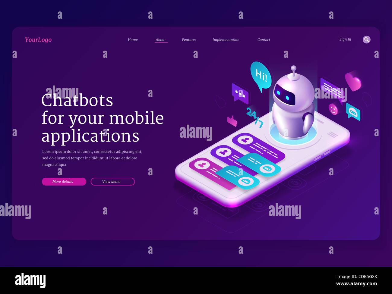 Mobile chatbot app isometric landing page, application for sms messaging, smartphone interface ...