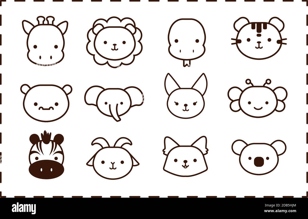 bundle of twelve kawaii animals line style vector illustration design ...
