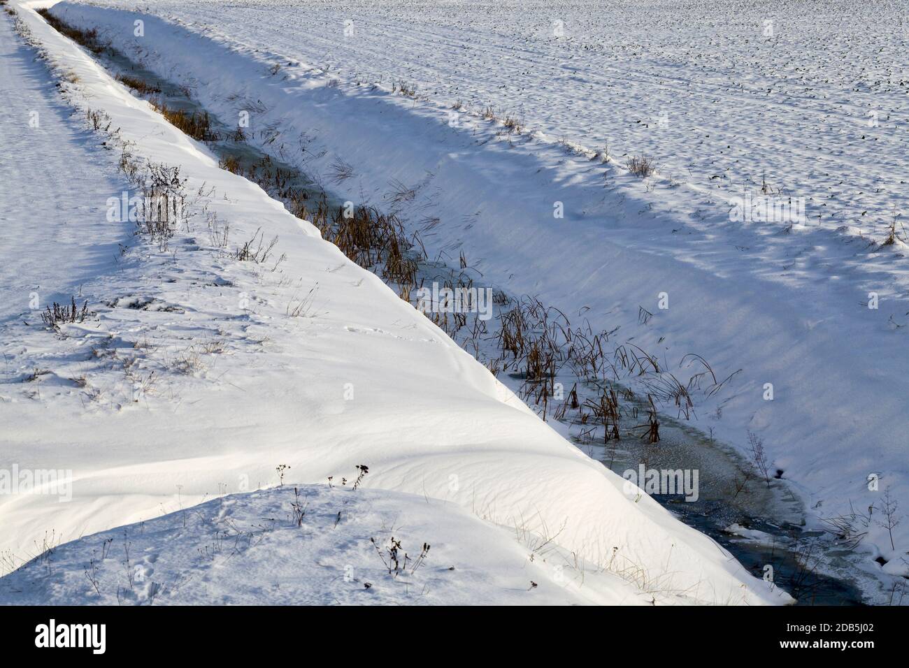 thin ordinary stream covered with snow and a thin layer of ice during ...