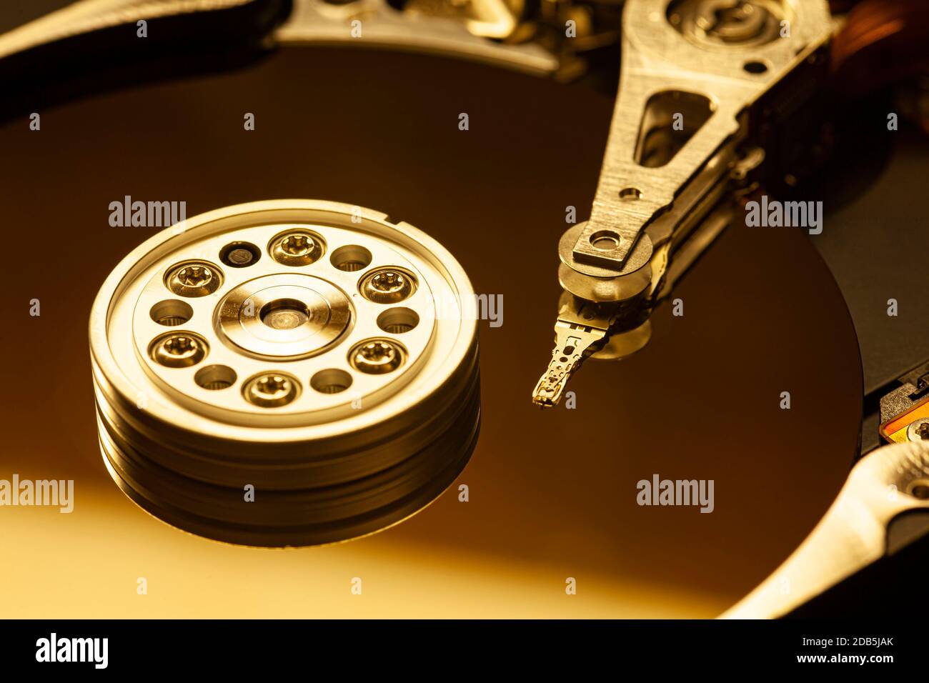 Detail of the inside of a hard disk with the reading head in operation ...