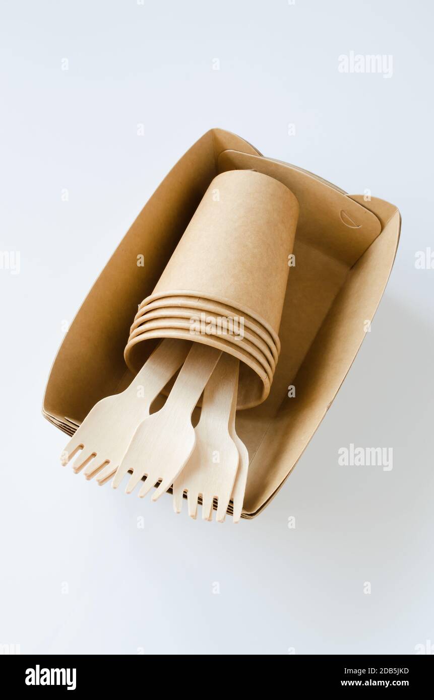 Eco-friendly biodegradable cardboard or paper dishes on white ...