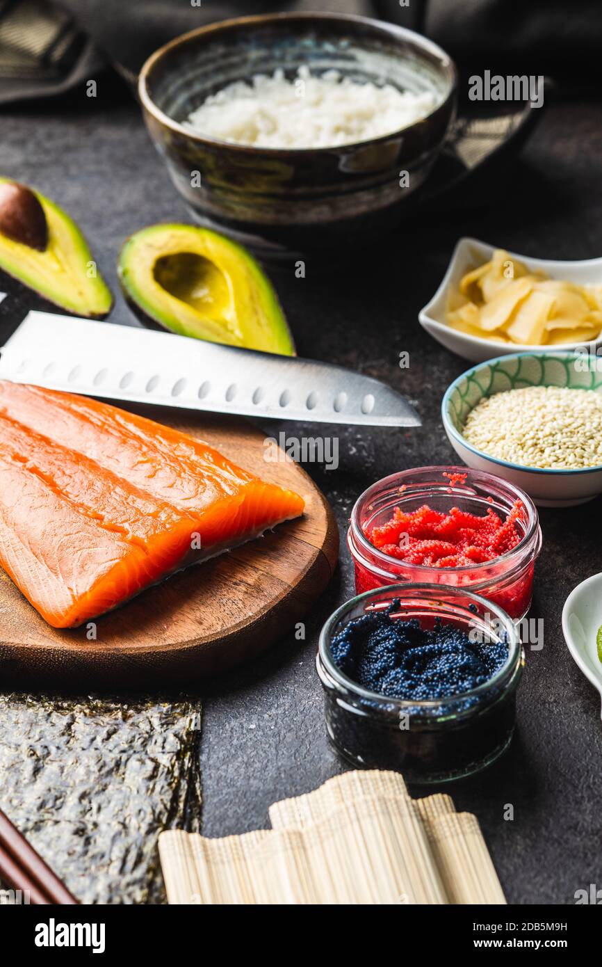 Ingredients for the preparation of sushi rolls. Production of fresh ...